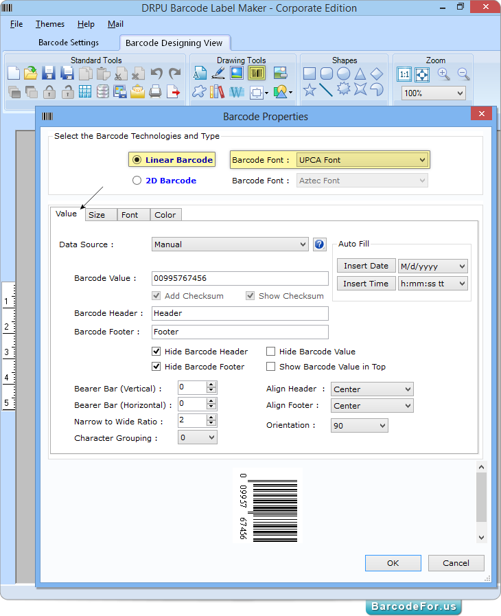 Barcode Designing View panel to generate barcode label – BarcodeFor.us